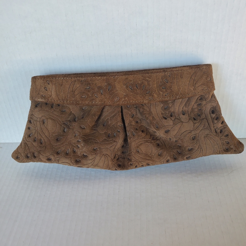 Lauren Merkin Brown Laser Cut Sueded Hinged Clutch Pu… - Gem